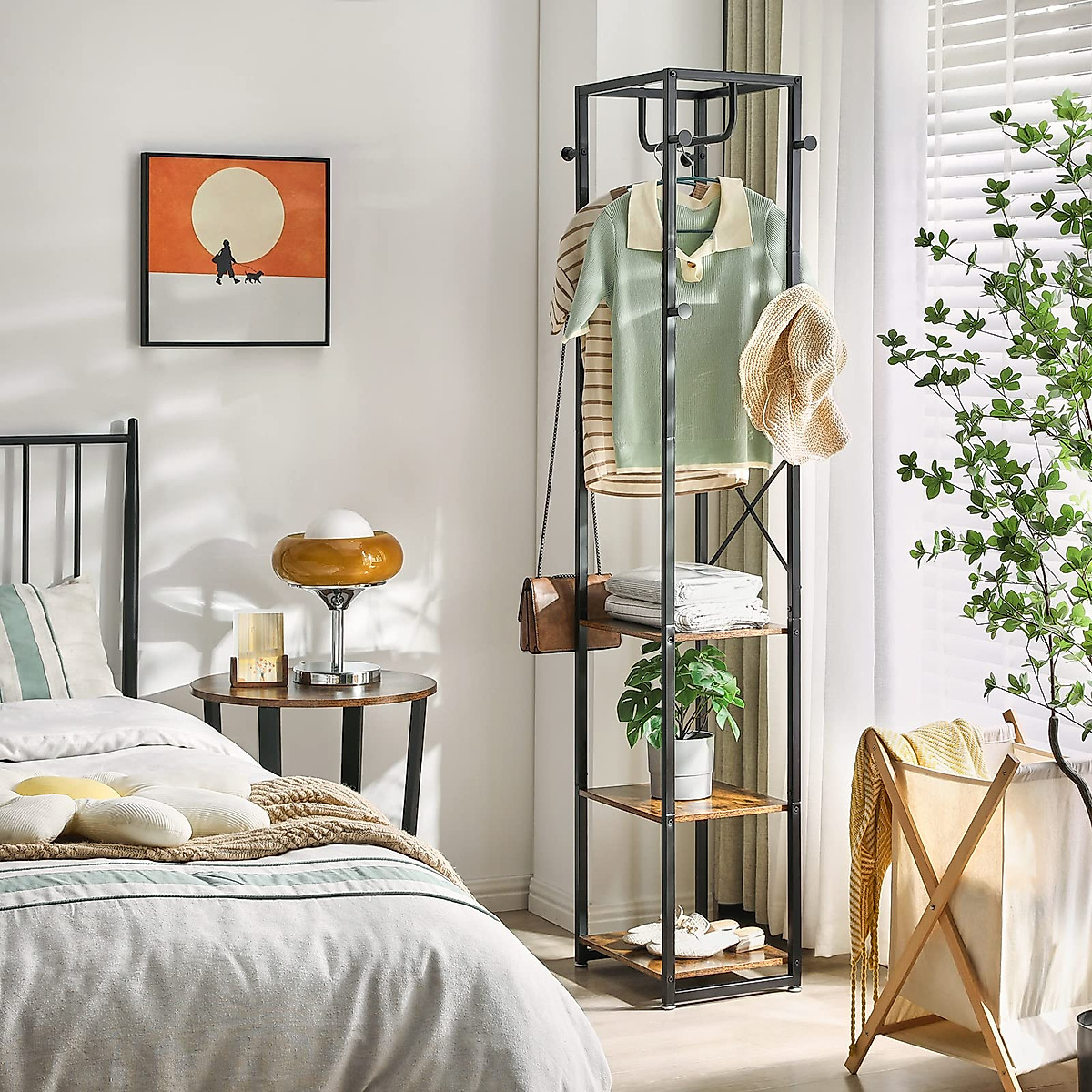 IBUYKE Coat Rack with Shelves, Freestanding Hall Tree with 3 Shelves and 8 Hooks, Industrial Clothes Stand for Entryway, Hallway, Bedroom, Rustic Brown UTMJ088H