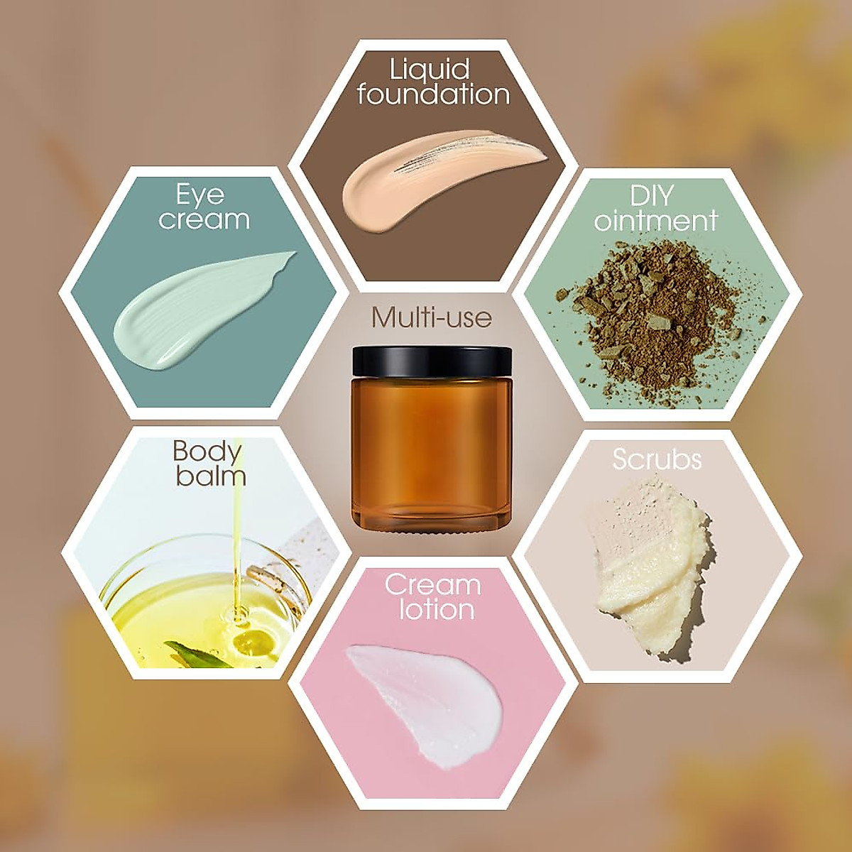 Amber Glass Jar with Lids, Tecohouse 4 oz, 2 oz and 1 oz Glass Jars with Lids & Stickers, Reusable Travel Containers for Creams, Lotion, Cosmetic - 3 pack