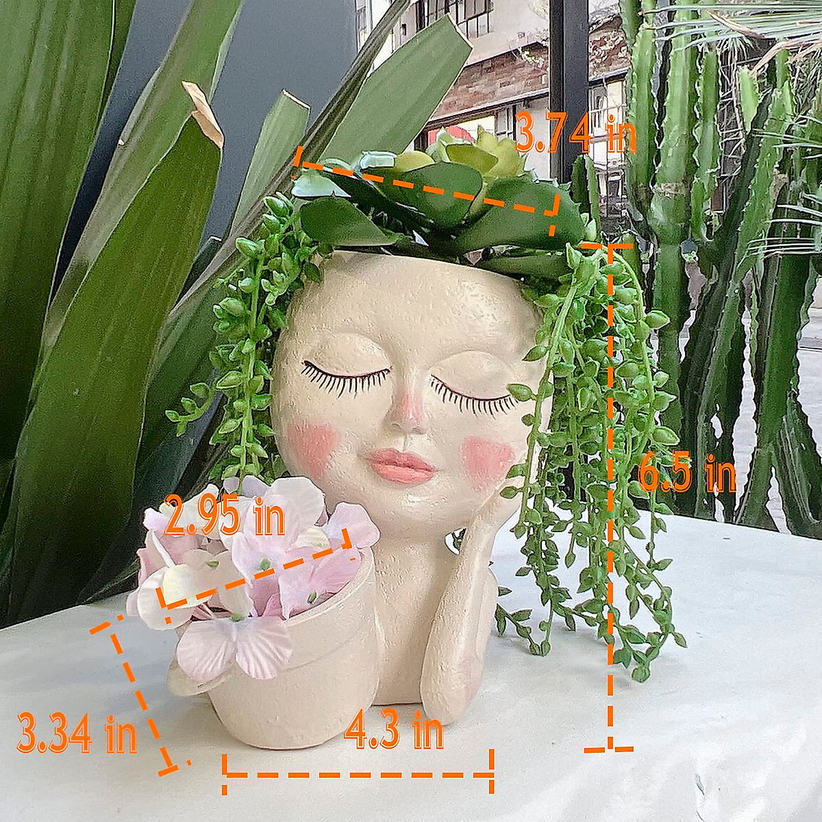 ASDFG Face Plant Pot - Double Flower Pots for Indoor Outdoor Plants Resin Head Planter with Drainage Hole Cute Lady Face Plant Pots, Garden Decoration Planters, Medium