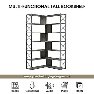 Corner Bookcase, 7-Tier L-Shaped Tall Bookshelf with Open Storage, Freestanding Industrial Etagere Shelf with Metal Frame for Home Office Funiture, Grey, Silver Frame