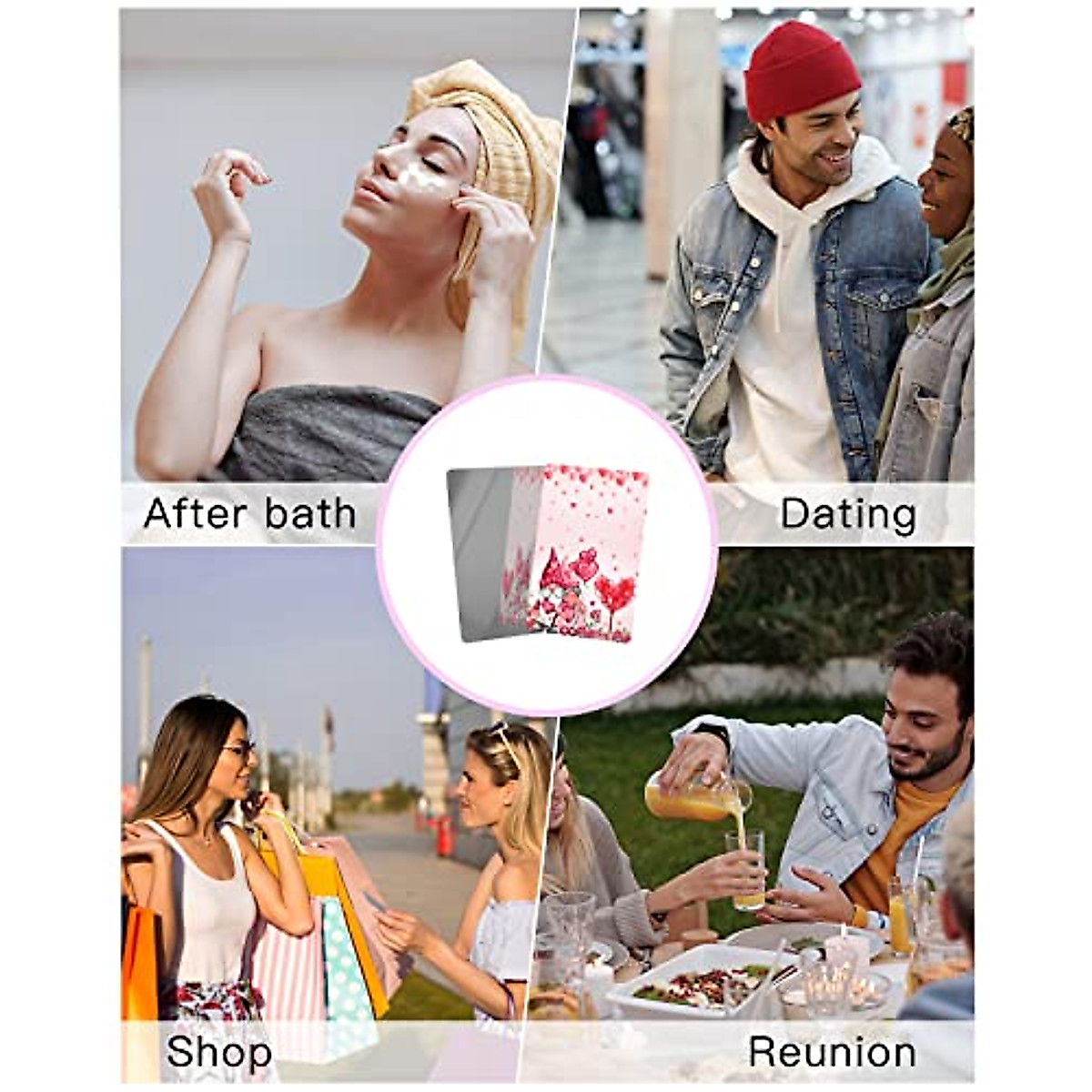 Carosoffe Valentine's Day Small Compact Mirror for Purse, Pink Gnomes Couple Love Heart Tree Rose Travel Makeup Mirror for Women Men, Rectangular Handheld Compact Pocket Mirror 4 PCS