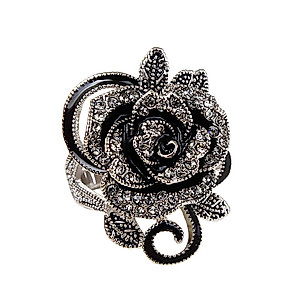 Yfnfxl Women's Cocktail Ring Fashion Black Crystal Marcasite Rose Flower Stainless Steel Rings
