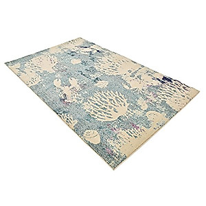 Unique Loom Positano Collection Coastal Modern Coral Lobster Shells Light Blue Area Rug (5' x 8')