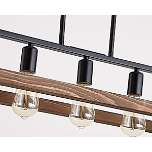 Fivess Lighting 5-Light Rustic Wood Kitchen Island Lighting,Oak Wood and Metal Linear Chandelier,Retro Industrial Pendant Light Fixture for Kitchen Island Dining Room Farmhouse,Black