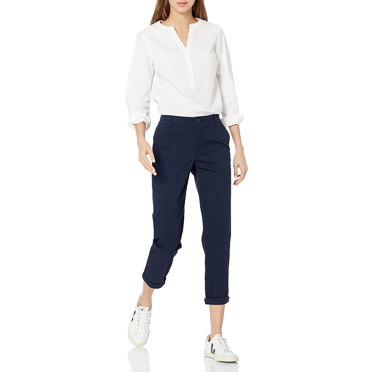 Amazon Essentials Women's Mid-Rise Slim-Fit Cropped Tapered Leg Khaki Pant (Available in Plus Size), Navy, 12