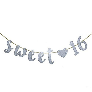 Sweet 16 Birthday Banner Glitter Sixteen Pre-Strung Decoration 16th Birthday Party Decor Supplies Cursive Bunting Photo Booth Props Sign Silver