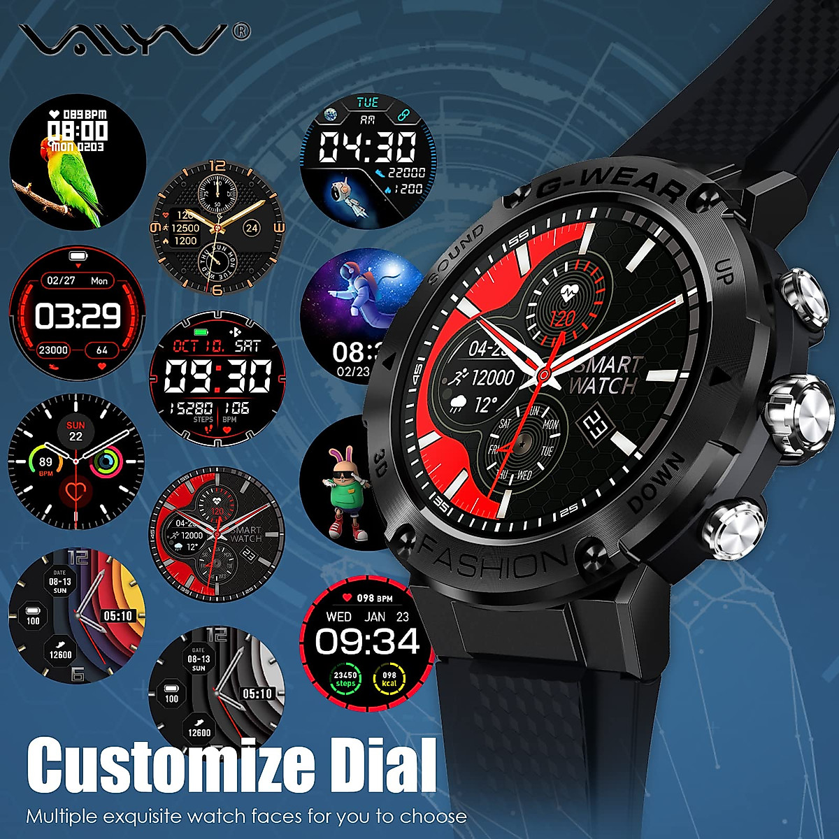 VALYV Fashionable Smart Watch for Men, Fitness Tracker Watch with Bluetooth Calling Heart Rate Monitor Military Tactical Sports Watch Activity Trackers for Huawei Samsung Android iOS Phone (Black)