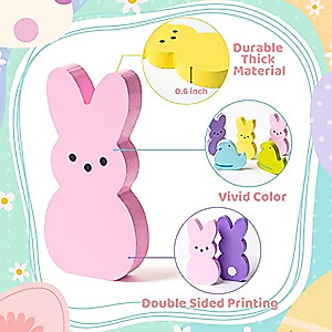 WATINC 5PCS Easter Peeps Chick Table Decor Tiered Tray Sign, Bunny Wooden Signs Tabletop Decoration, Double-sided Rabbit Chicken Wood Centerpiece Desk Topper Easter Spring Holiday Party Gift Supplies