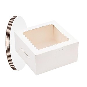Exceptional Value Bundle | 4-Pack Cake Boxes (10x10x5 Inches) 4 Corrugated White Cake Boards & 4 Happy Birthday Cake Toppers. | 350 GSM Thick Sturdy Cardboard | Fancy Design See-Through Window |