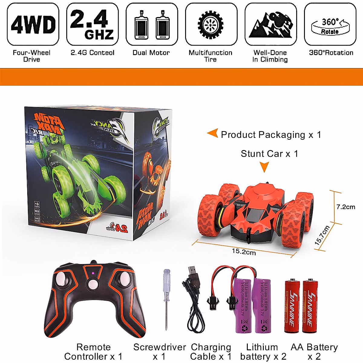 Fixget Remote Control Car RC Car, 4WD 2.4 GHz Remote Control Stunt Car Toys Double Sided Rotating Vehicles 360°Flips, Kids Outdoor Indoor Toys Birthday Gift for Boys Girls (Included Battery)