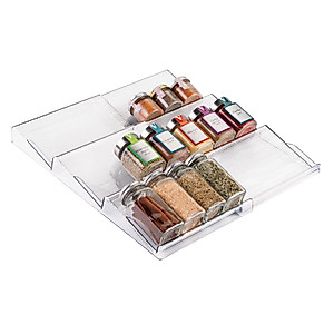 mDesign Expandable Plastic Deluxe Spice Rack, Drawer Organizer for Kitchen Cabinet Drawers - 3- Tier Slanted for Spice Jar, Food Seasoning Bottle Storage, Easy Install - Ligne Collection - Clear