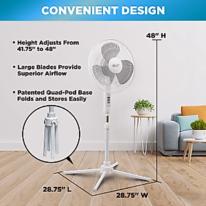Comfort Zone Electric Oscillating Pedestal Fan, Stand Fan, 16 inch, 3 Speed, 90 Degree Oscillating Head, Adjustable Height and Tilt, Airflow 7.48 ft/sec, Ideal for Home, Bedroom & Office, CZST161BTE