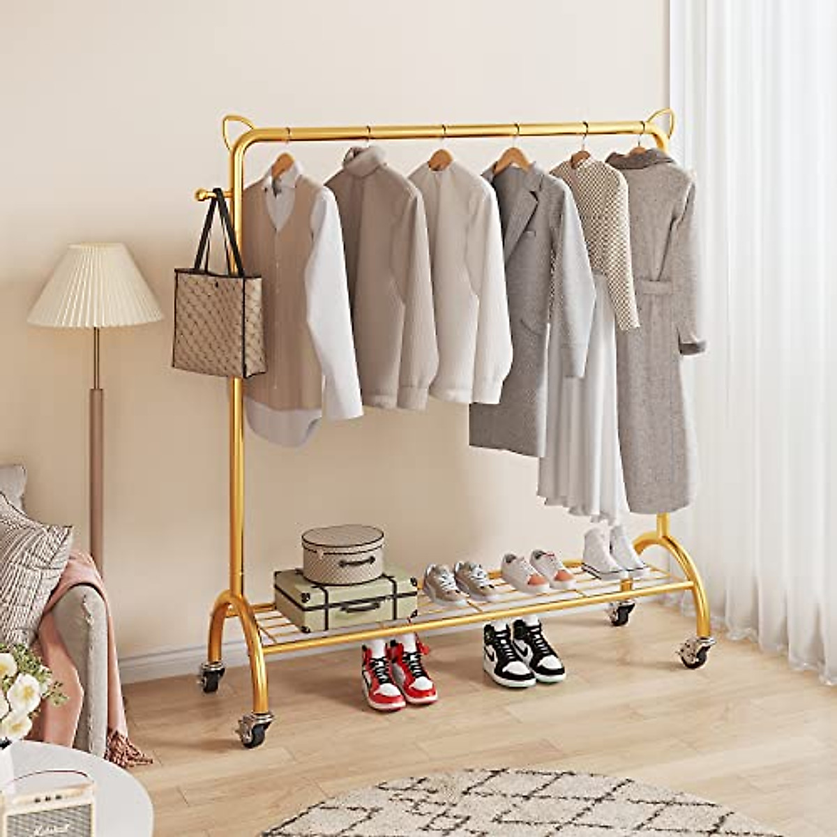 Dttwacoyh Garment Rack, Clothing Rack with Rounded Corners and Wheels,Cute Cat Ears, Heavy Clothes Rack for Bedroom, Living Room and Dormitory(Gold)