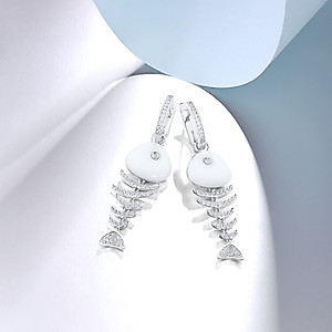 Santuzza 925 Sterling Silver Fishbone Earrings Cubic Zirconia Ceramic Fish Skeleton Dangle Earrings