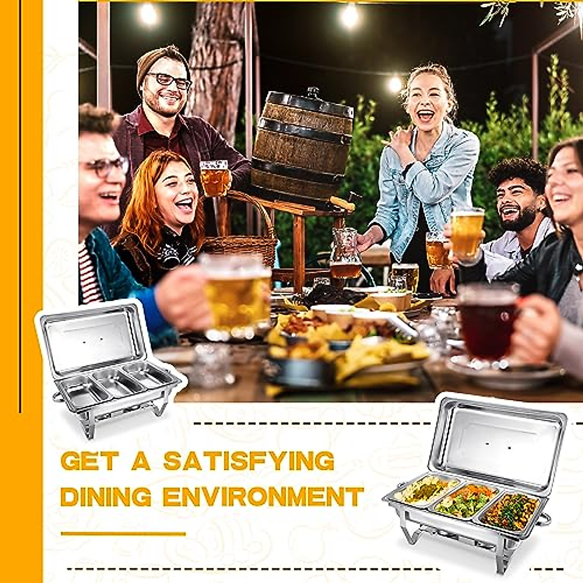 6 Pcs Chafing Dish Buffet Set 8 Qt Stainless Steel Chafer Complete Set Catering Buffet Servers and Warmers with Foldable Frame, Food Pan, Fuel Holder and Lid for Parties Banquet Wedding (3 Third Size)