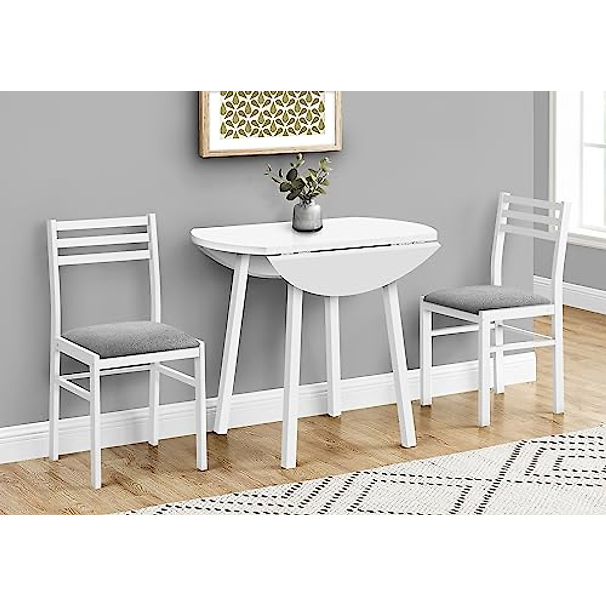 Monarch Specialties I 1011 Dining Table Set, 3pcs Set, Small, 35" Drop Leaf, Kitchen, White Metal and Laminate, Grey Fabric, Contemporary, Modern