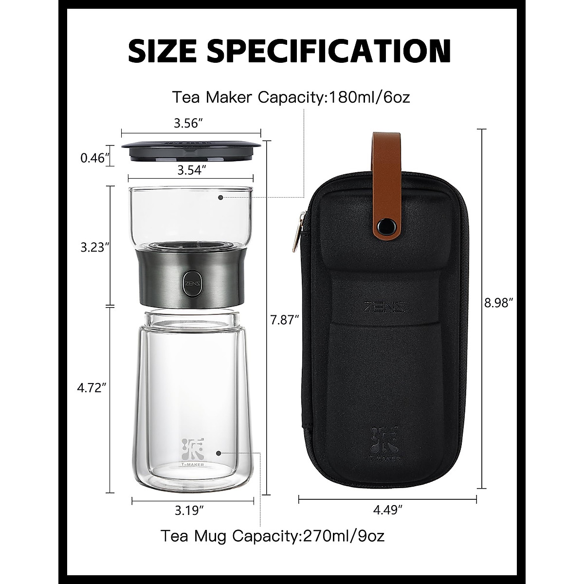 ZENS Modern Small Glass Tea Infuser Teapot, 3-in-1 Smart One Touch Tea Maker for Loose Leaf Tea Steeper, Solo Simple Tea Strainer with 9oz Double Walled Tea Cup for Hot Black, White Tea Diffuser.