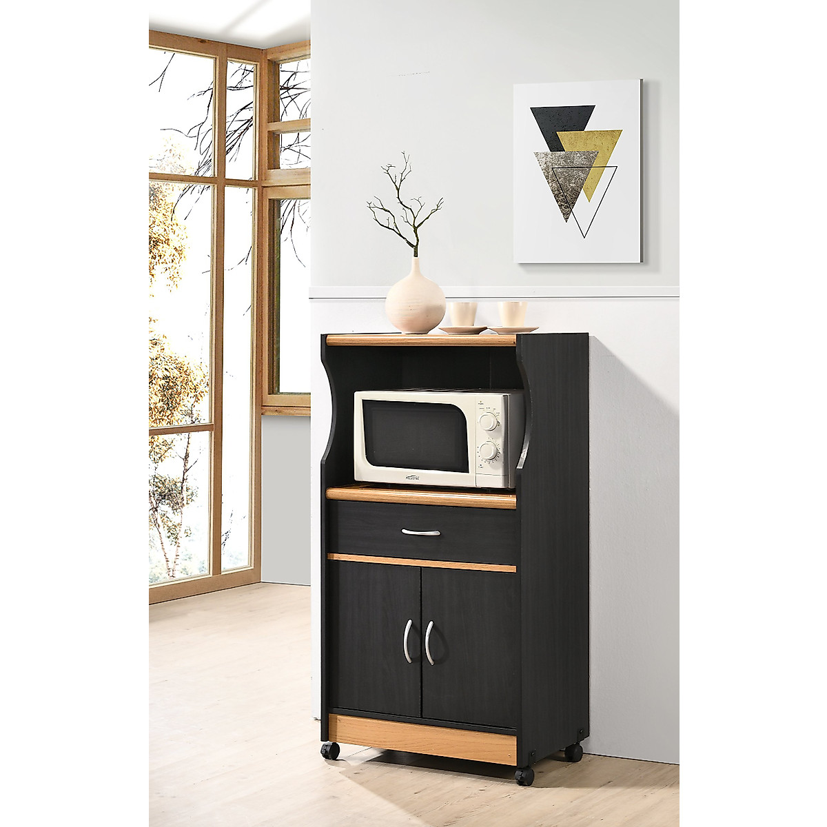 HODEDAH IMPORT Microwave Cart with One Drawer, Two Doors, and Shelf for Storage, Black-Beech.