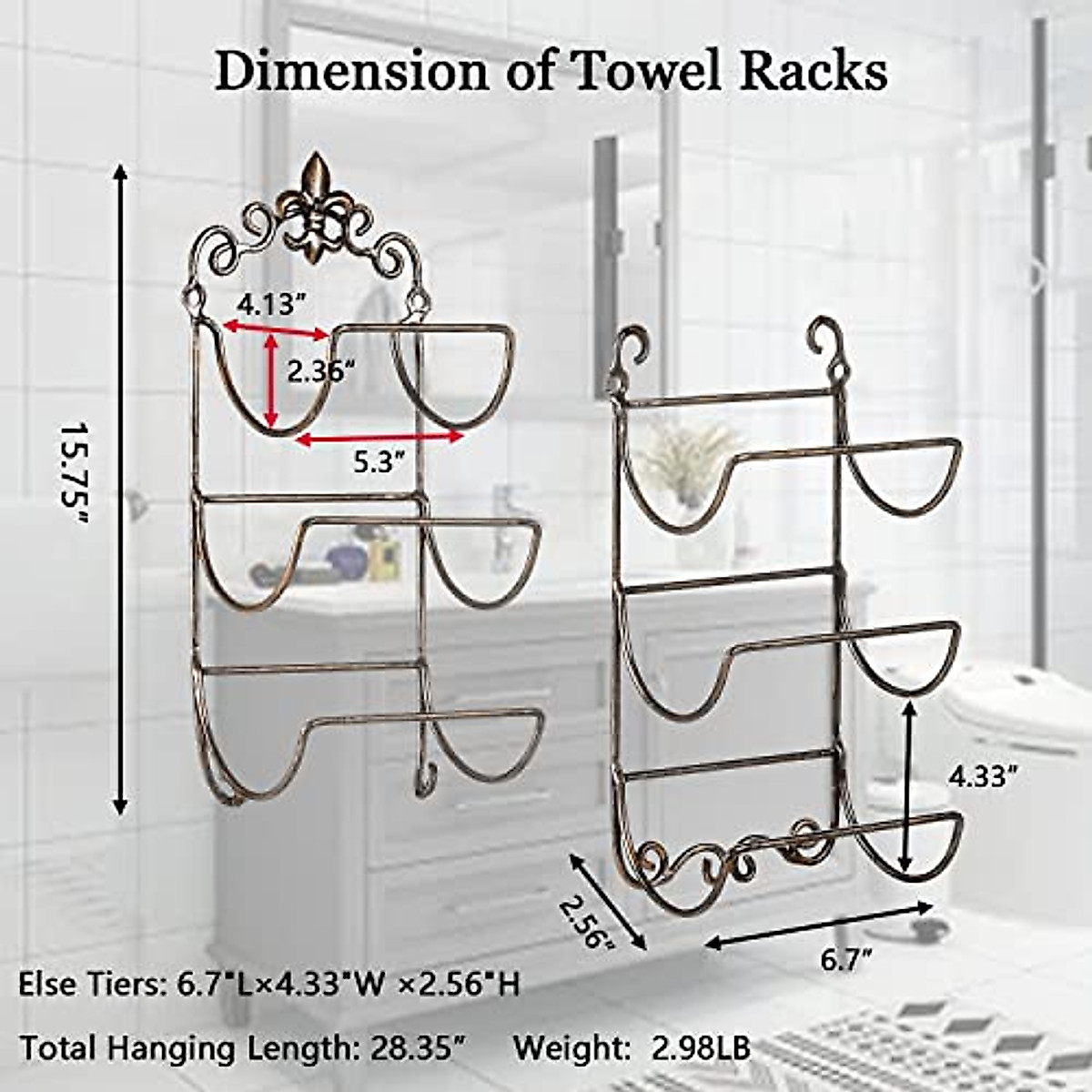 Rustic Metal Towel Rack Wall Mounted with Fleur de Lis, 6-Tier Solid Wrought Iron Towel Holder,Towel/Wine Rack Holder, Racks for Bathroom,Hand Towels,Wine Bottles,Yoga Mats Storage