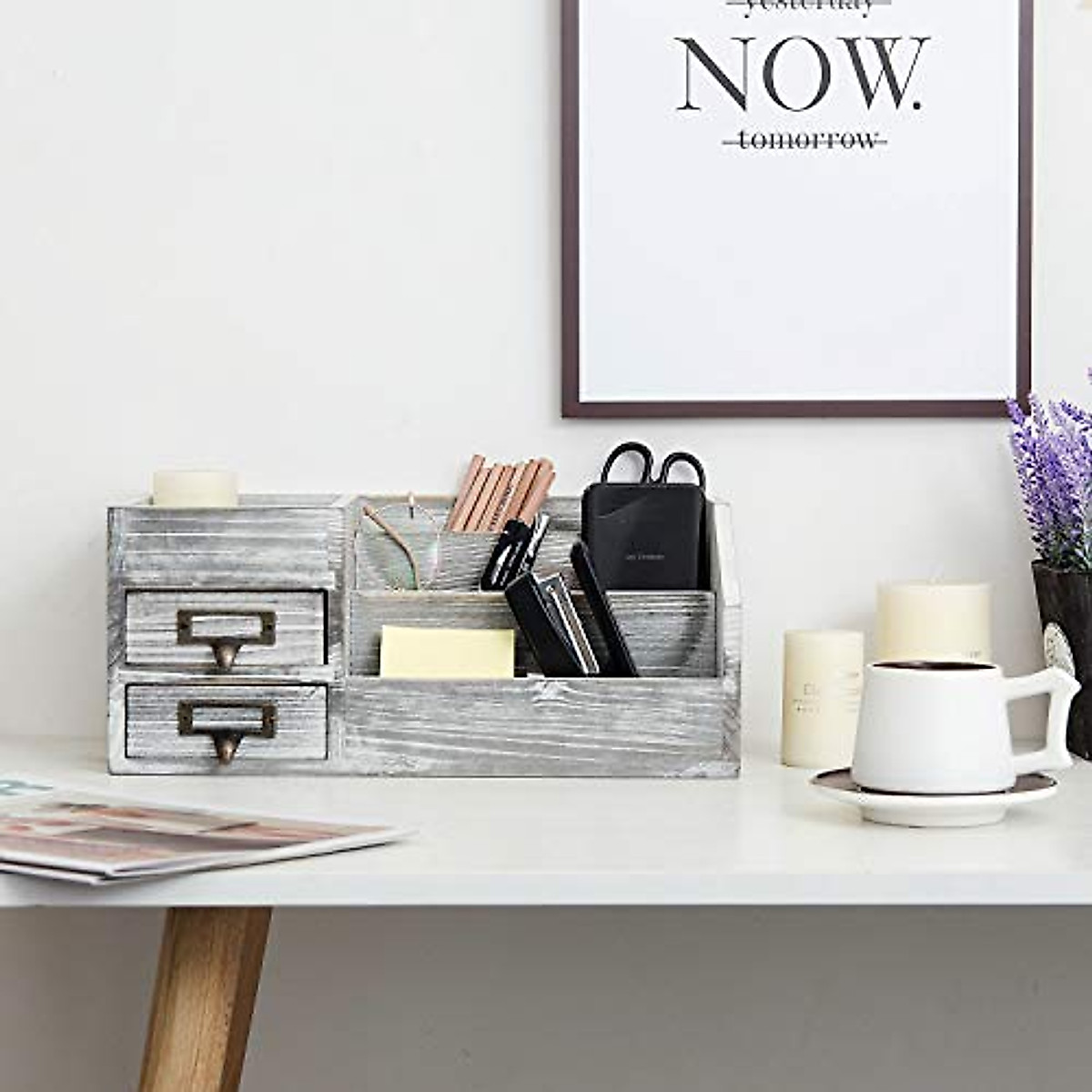 Distressed Rustic Wooden Office Desktop Organizer Wood Shelf Tabletop Home Organizer Storage with Multiple Compartments 2 Tier Drawers,perfect Jewelry storage Display Box for Desk, Vanity (gray)