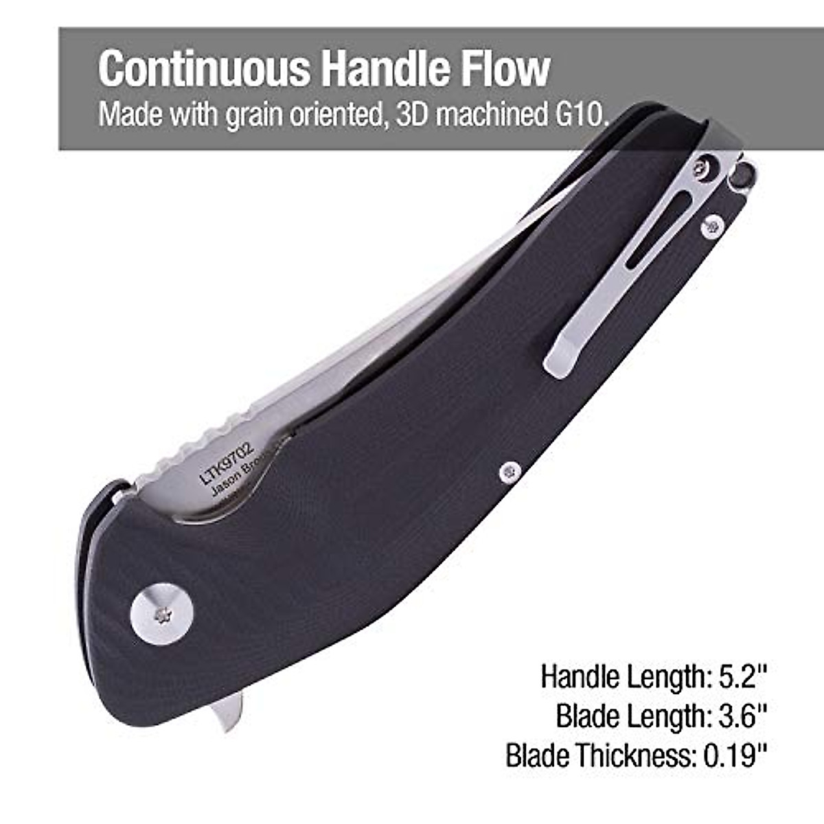 Luna Tech, LTK9702, 8.8In. Brous Folding Knife, Liner Lock, D2 Steel Blade, Grain Oriented 3D Machined G10 Handle, Imbedded Skeleton Liners for EDC & Tactical