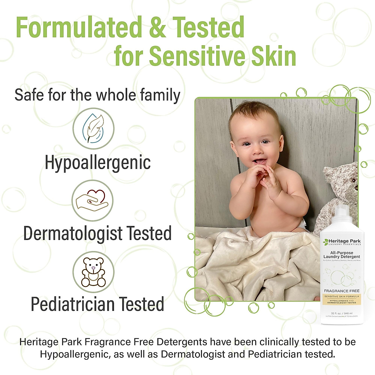 Heritage Park Luxury Laundry Detergent | Dermatologist Tested Plant based Natural & Enzyme Laundry Detergent | Sensitive Skin Friendly - Fragrance Free (32 fl oz)