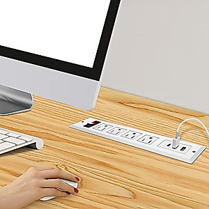 20W Mountable Power Strip USB C Recessed Power Strip USB-C Fast Charge 4 Outlet 3 USB Multiple Protection Built in Conference Desk Counter Workbench for PC Home Electric Appliance (USB C White)
