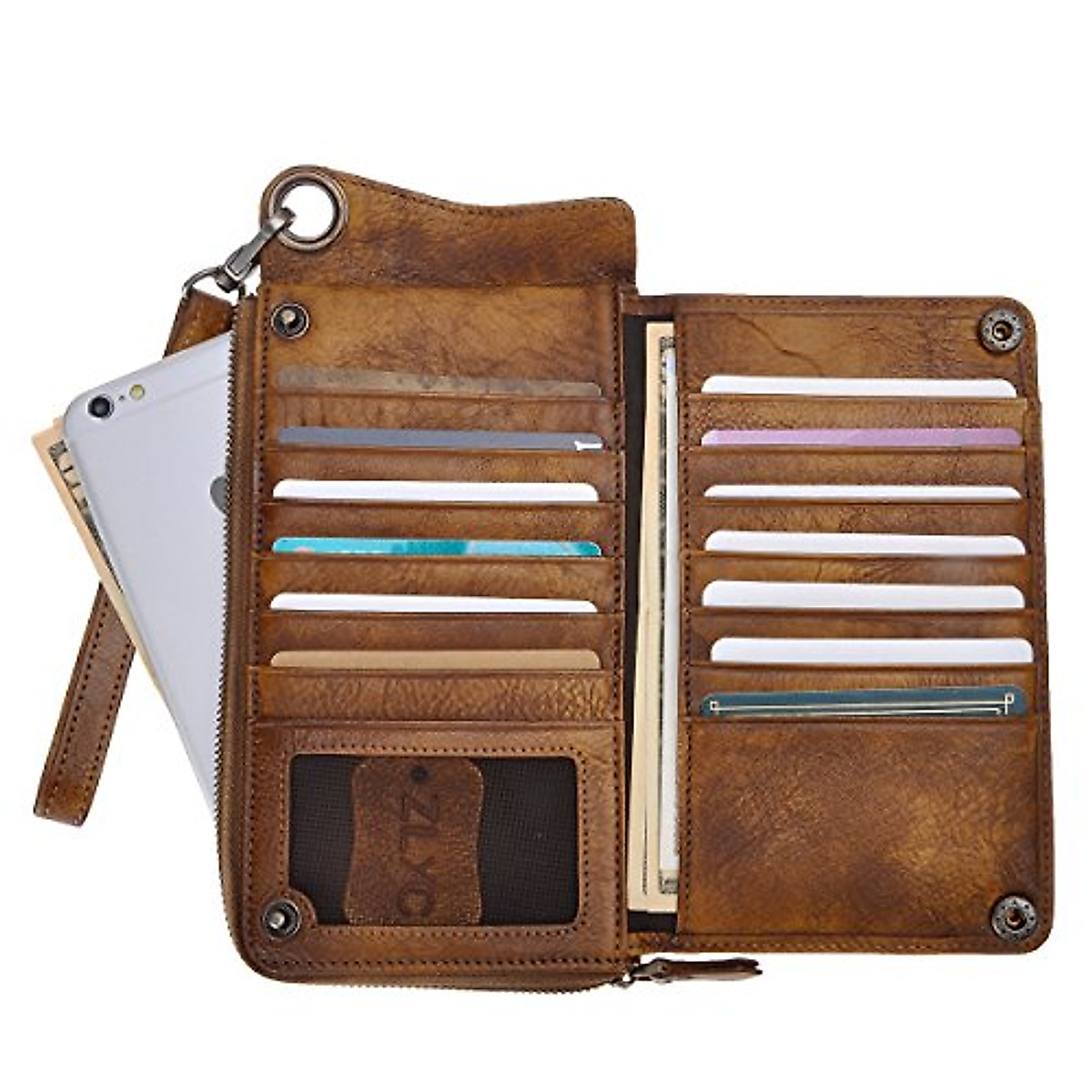 ZLYC Vintage Handmade Dip-dye Leather Wallet Card Holder Long Clutch with Detachable Wristlet (Brown)
