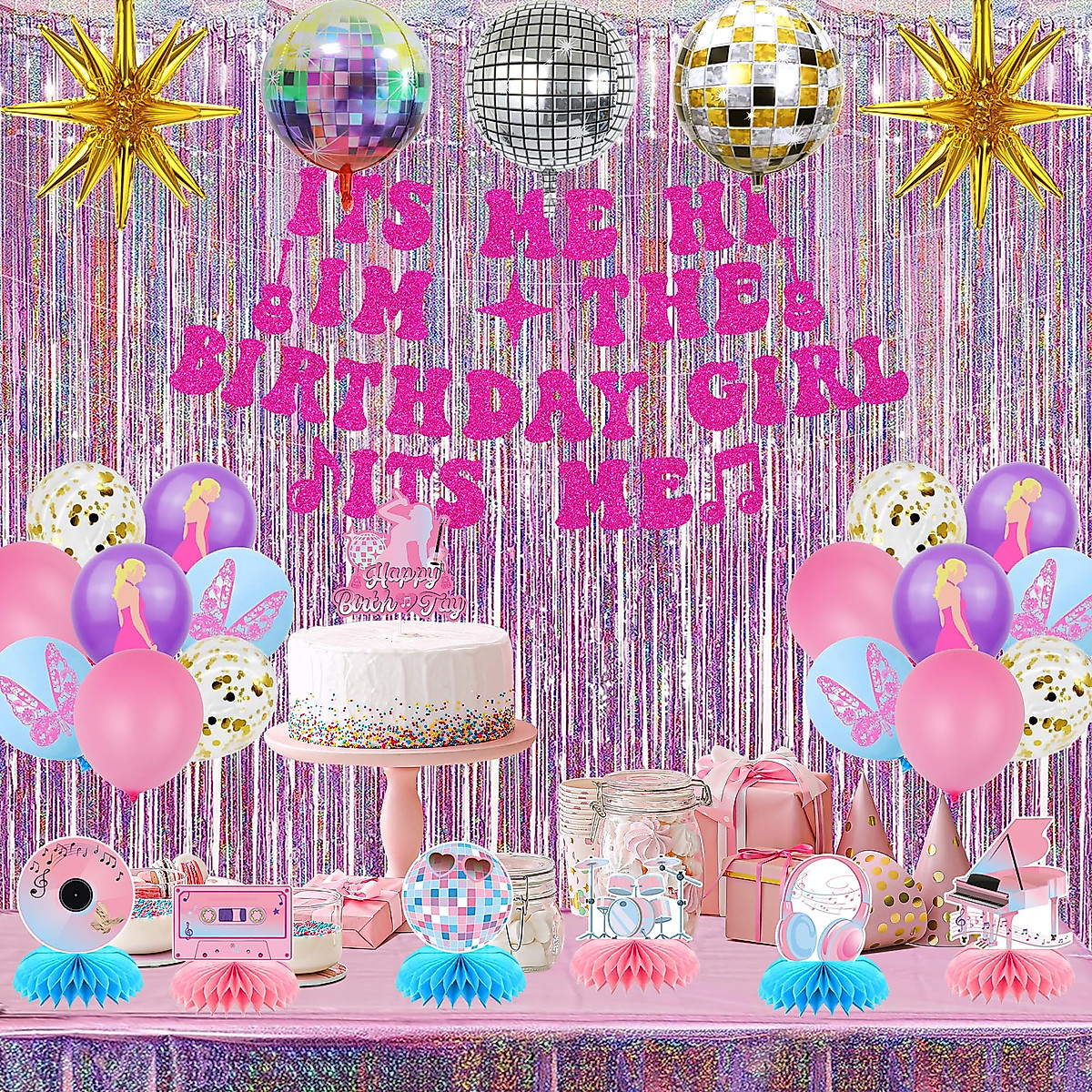 Holkcog Pink Its Me Hi Im The Birthday Girl Its Me Banner Music Star Party Decorations Singer Banner Fan Birthday Party Decoration Singer Cake Topper Pink Blue Balloons Honeycomb Centerpieces（31pcs）