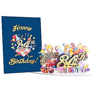 iGifts And Cards Happy 84th Blue Birthday 3D Pop Up Greeting Card – Awesome 84 Birthday Card For Man, Woman, Happy Eighty Four Birthday Gift For Dad, Mom, Husband, Wife Present, 5" X 7"