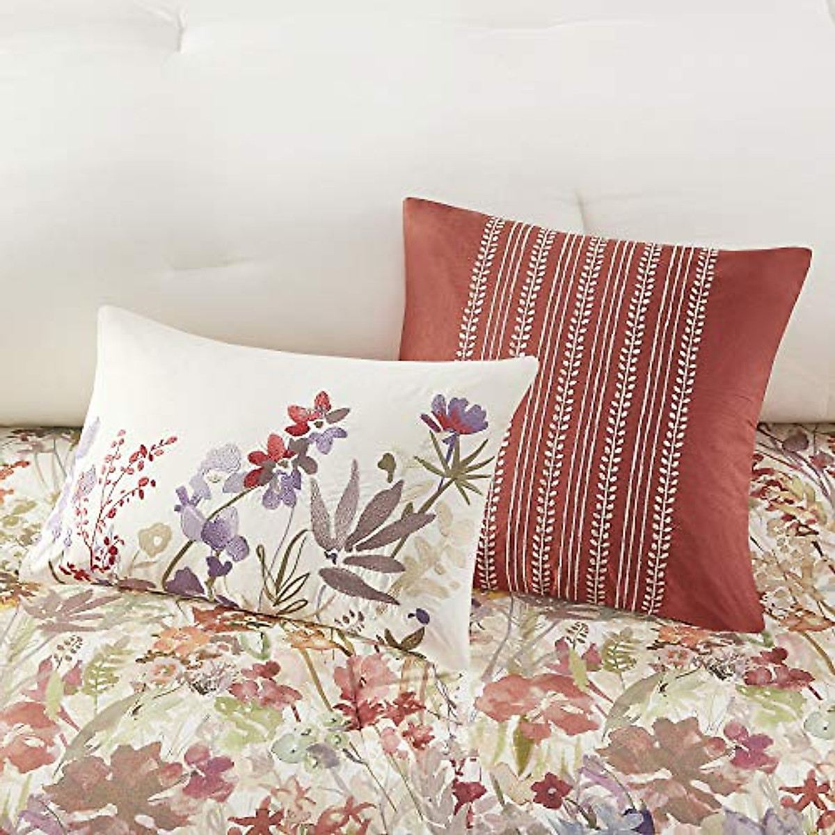 Madison Park 100% Cotton Comforter Set - Feminine Design Colorful Floral Print, All Season Down Alternative Bedding Layer and Matching Shams, King (104 in x 92 in), Mariana, Multi 7 Piece