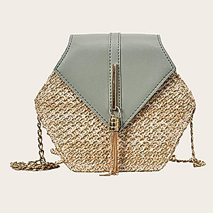 Straw Handbag Crossbody Bag Hexagon Straw+Leather Woven Beach Shoulder Bag