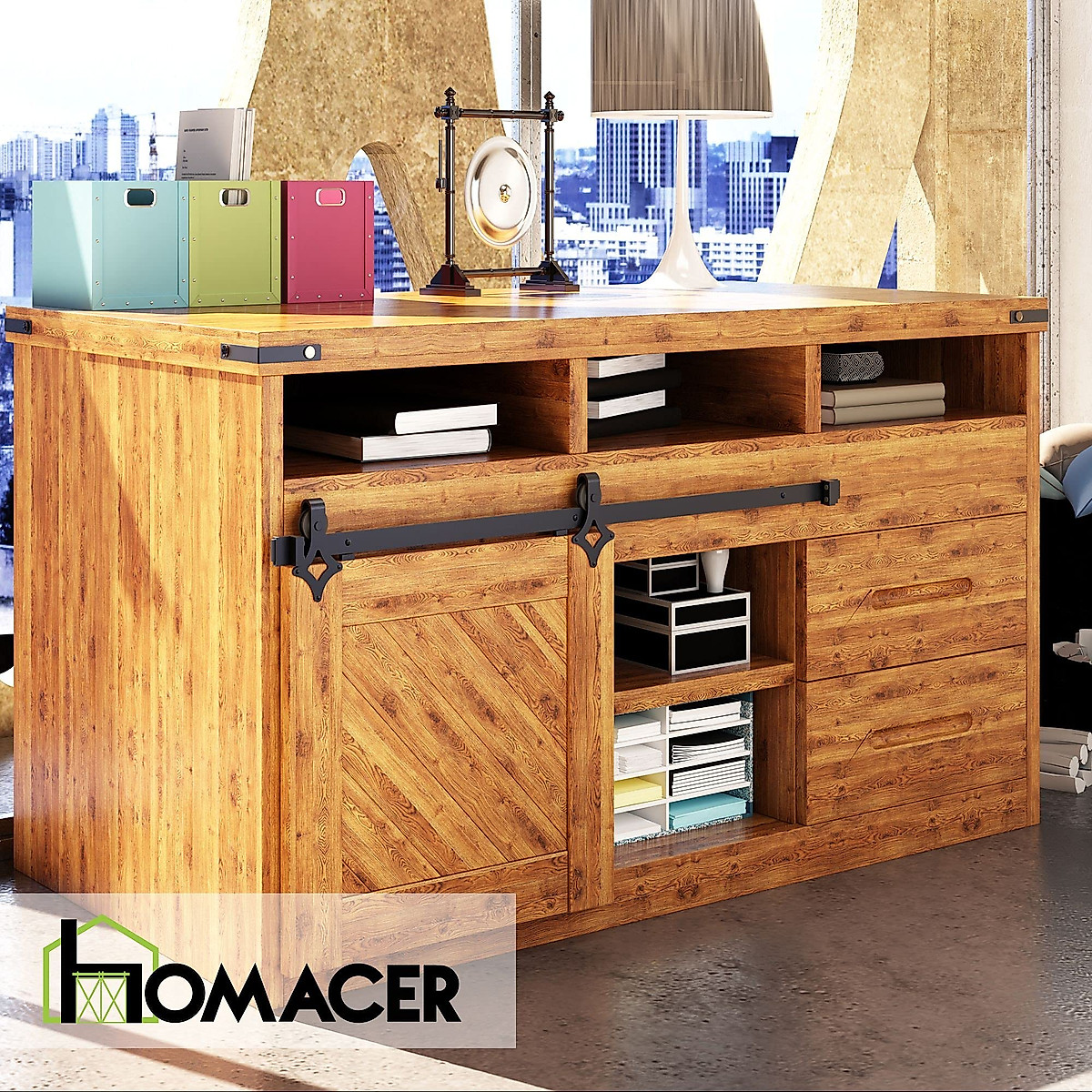 Homacer Mini Black Rustic Non-Bypass Sliding Barn Door Hardware Kit, for One/Single Door, 48-inch Long Flat Track, Diamond Design Roller, Cabinet TV Stand Console Use…