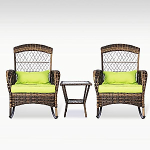ENSTVER 3 Pieces Patio Conversation Set w/ 2 Rattan Wicker Rocking Chairs and Glass Table,for Garden Backyard Lown Porch (Green)