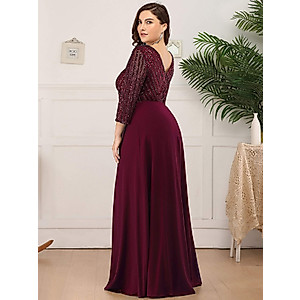 Ever-Pretty Women's Plus Size V-Neck Sparkle Sequins Chiffon Long Sleeves Formal Dresses Burgundy US26