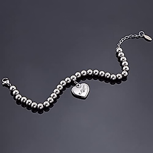Estendly Initial Heart Charm Bracelets for Kids 6mm Stainless Steel Beaded Delicate Letters C Bracelet Jewelry Birthday Gift for Sister