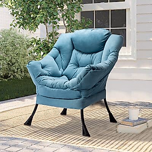 HollyHOME Modern Fabric Lazy Chair and Folding Footrest Stool, Accent Contemporary Lounge Chair and Portable Ottoman, Steel Frame Leisure Sofa Chair and Metal Cotton Anti-Slip Footstool, Blue