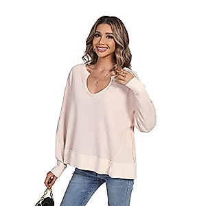 LYANER Women's V Neck Waffle Knit Long Sleeve Loose Pullover Sweatshirt Sweater Top Beige Medium