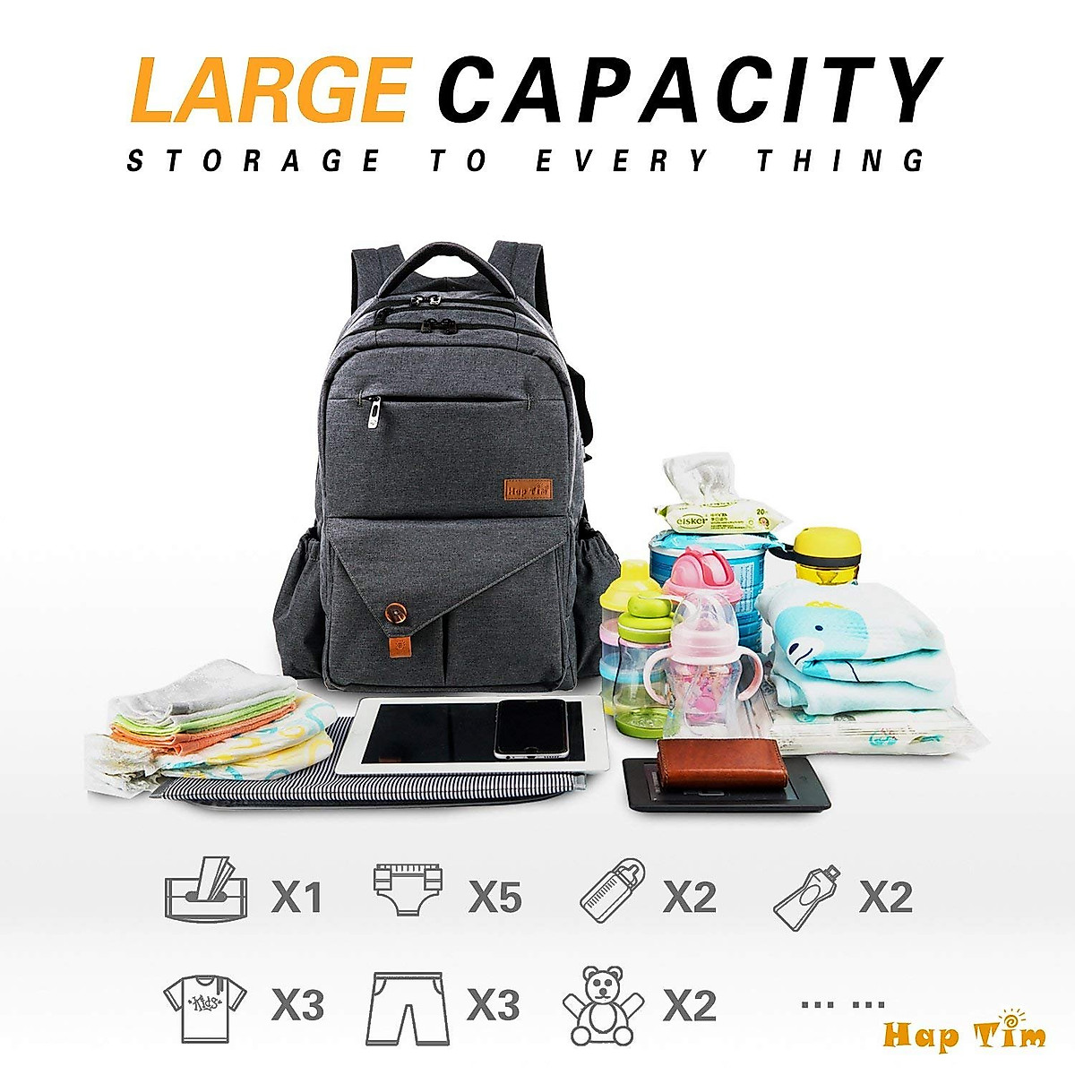 Hap Tim Multi-function Large Baby Diaper Bag Backpack with Stroller Straps, Insulated Bottle Pockets, Changing Pad (Dark Gray-5284)