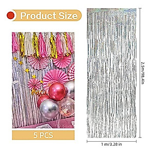 5 Pack Silver Fringe Curtain Backdrop 3.2ft x 8.2ft Metallic Tinsel Foil Fringe Streamers for Photo Booth Props Background Birthday Party Decorations Wedding Christmas Halloween Decorations (Silver)