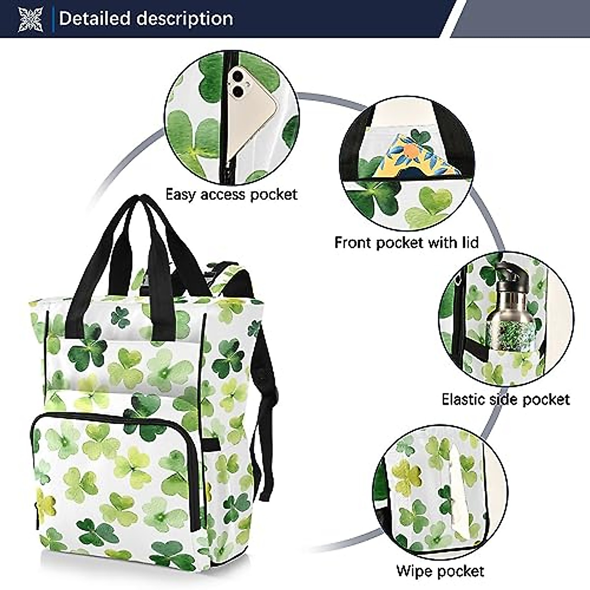 St. Patrick's Day Clover Diaper Bag Backpack for Baby Boys Girls Baby Essentials Travel Tote with Stroller Straps & Bottle Storage Maternity Travel Bag for Dads Moms Hiking Shopping Traveling