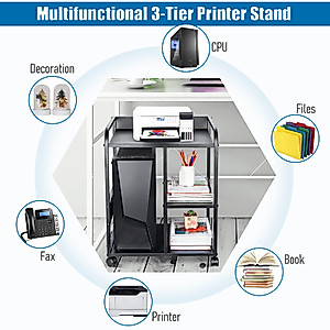 Retyion Mobile Printer Stand with Storage, 3-Tier Rolling Printer Table with Hanging Bag, Computer Tower Stand Under Desk for Home Office Storage (Black)