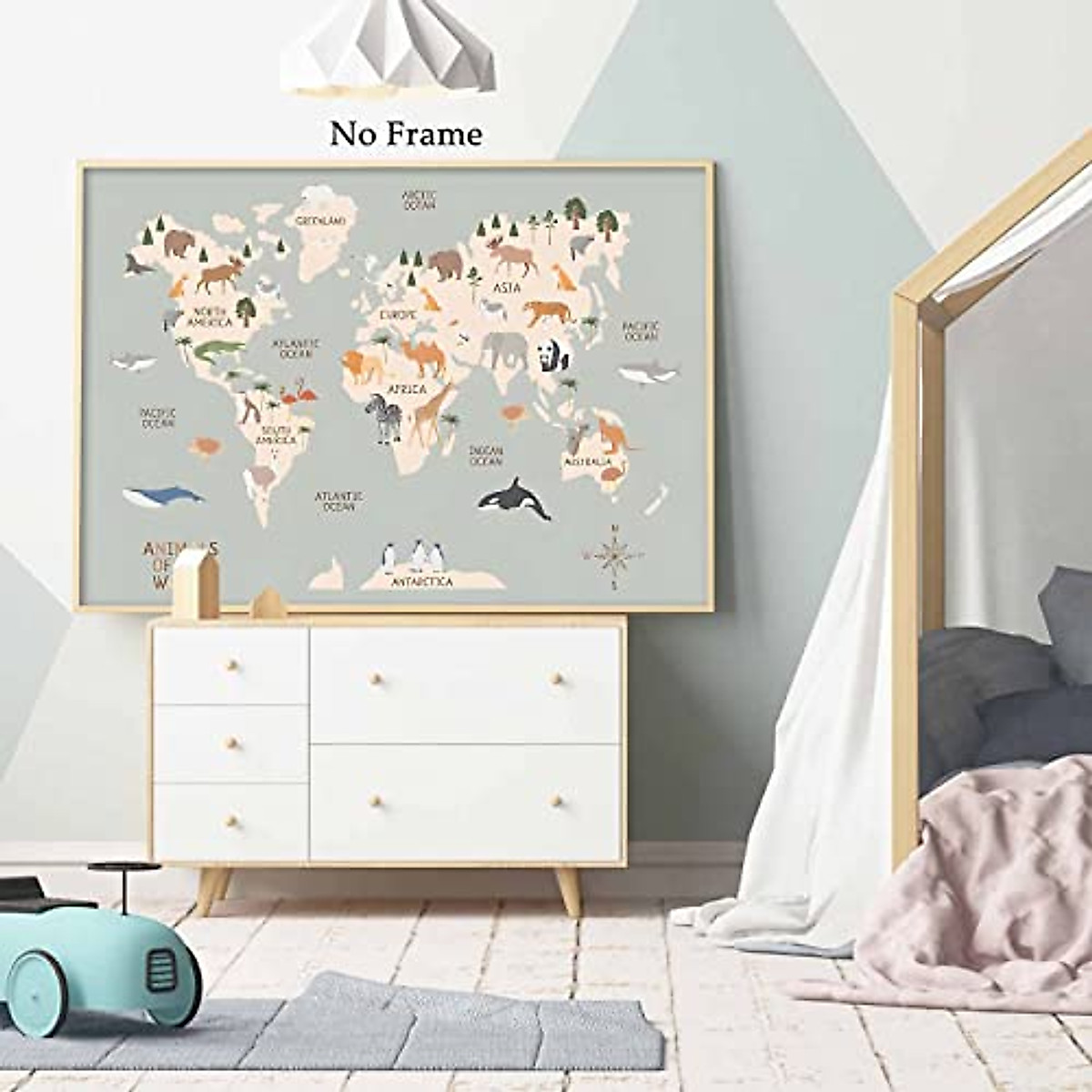 World Map Poster Animals Nursery Educational Wall Pictures Green World Map Wall Art Animal Nursery Pictures Animal Map Canvas Wall Art Nursery World Map Wall Art Watercolor Map Wall Art 16x24in No Frame