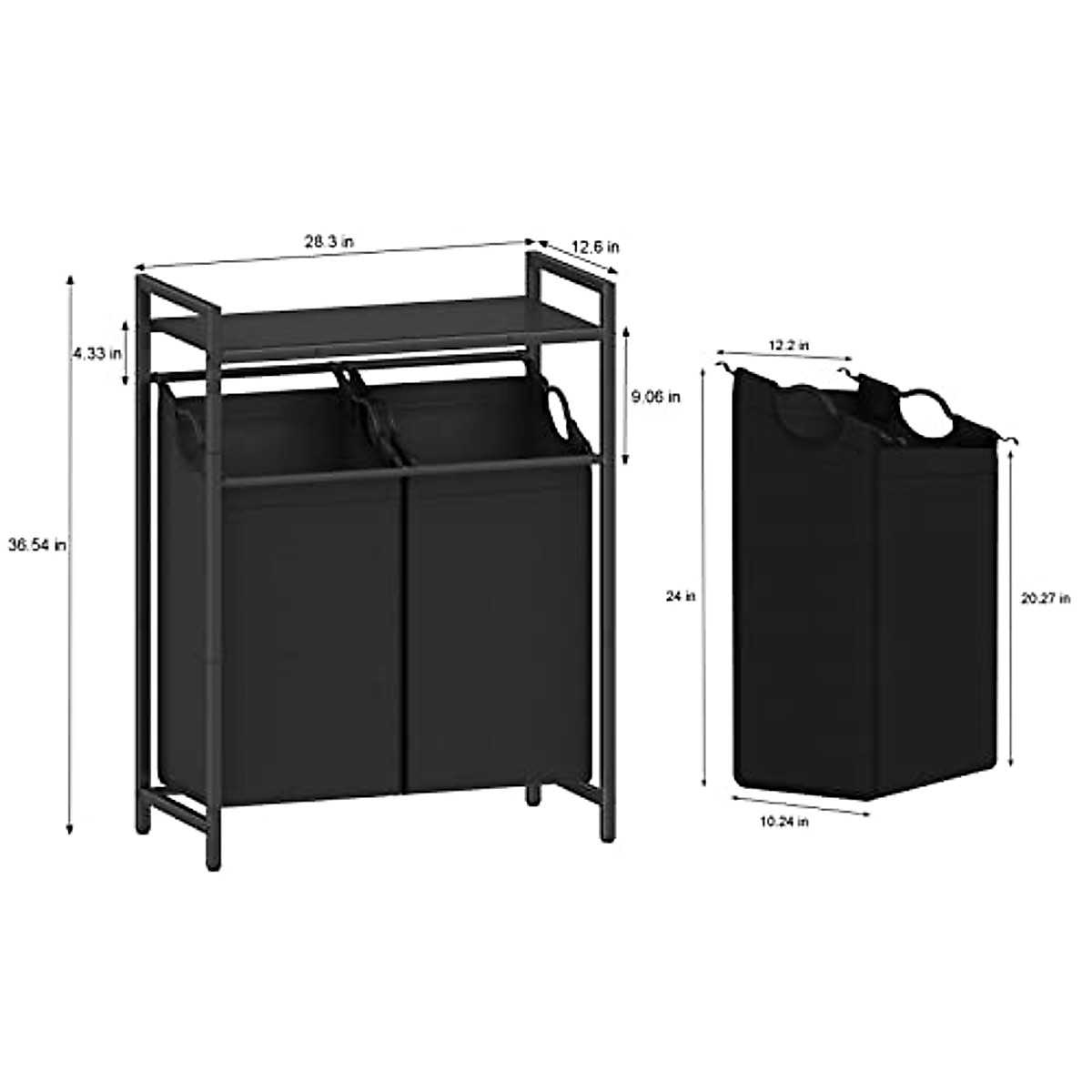 LAATOOREE Double Laundry Hamper with Top Shelf, Two-Color Tall Laundry Basket with 2 Removable Laundry Sorter Bags, Clothes Hamper for Laundry Room, Bedroom - Black Walnut and Black