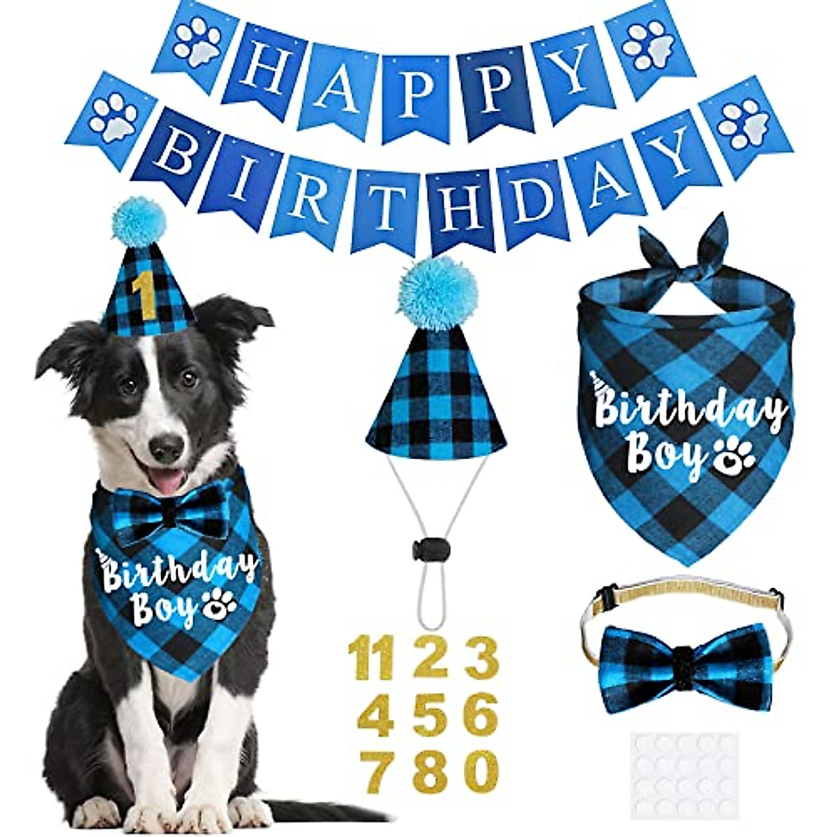 JOTFA Dog Birthday Party Supplies, Plaid Dog Birthday Boy Bandanas with Dog Birthday Party Number Hat Bow Tie Bannner for Small Medium Large Dogs Pets (Light Blue)