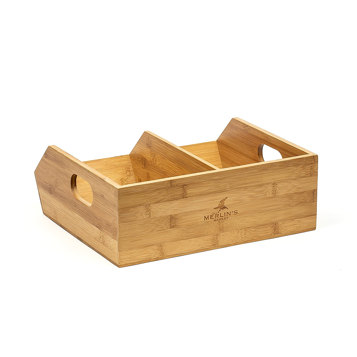 Merlin's Market Space-Saving Bamboo Organizer Bin - Polished 14'' Aesthetic Wood Basket with Ergonomic handles & non-slip feet Spacious box declutters your Kitchen, Bathroom, Bedroom and More