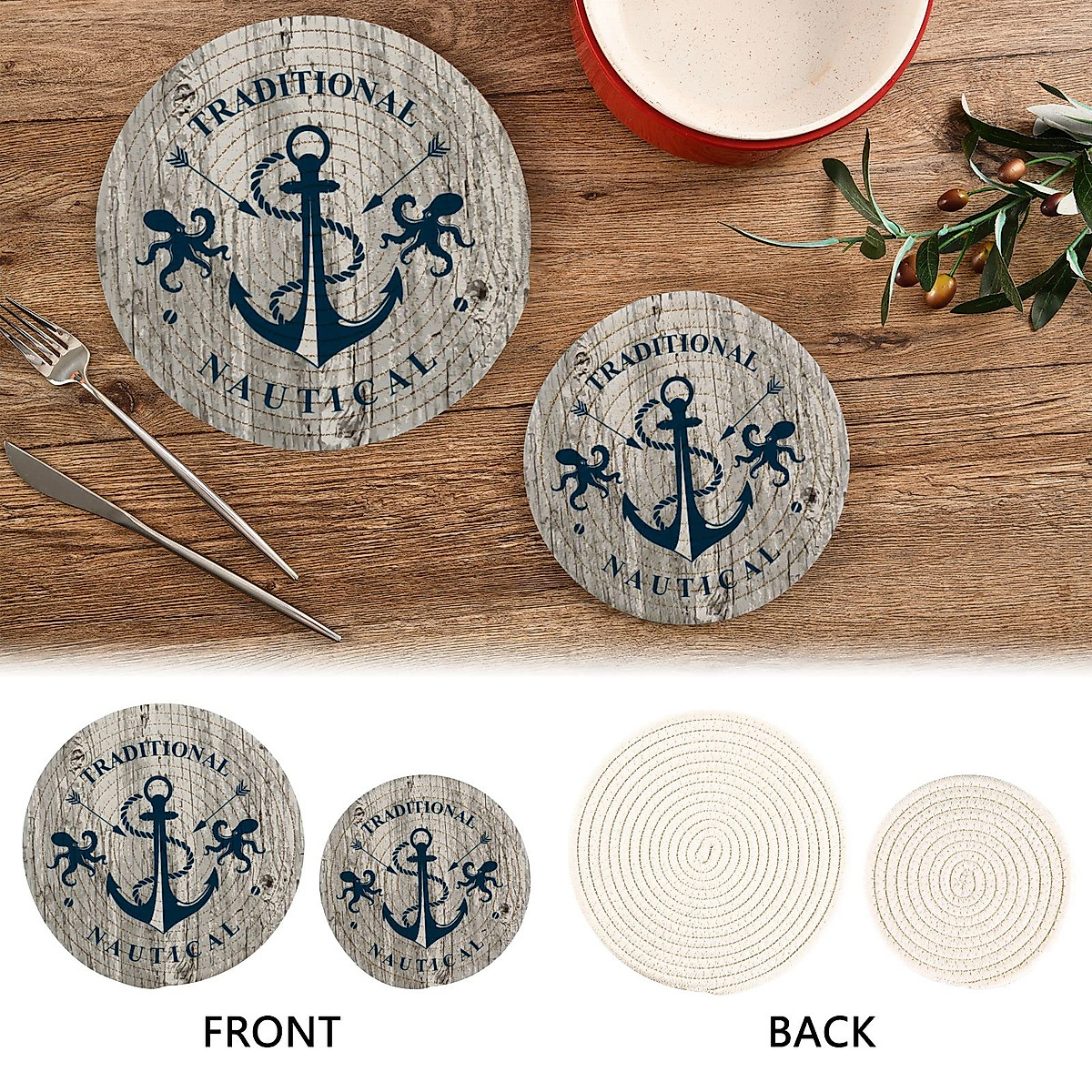 Cotton Rope Pot Holder Nautical Marine Octopus Anchor Wooden 2 Pcs Trivets for Hot Dishes Placemats Heat Resistant Hot Pads for Kitchen Weave Pot Mat Cooking Baking Deco