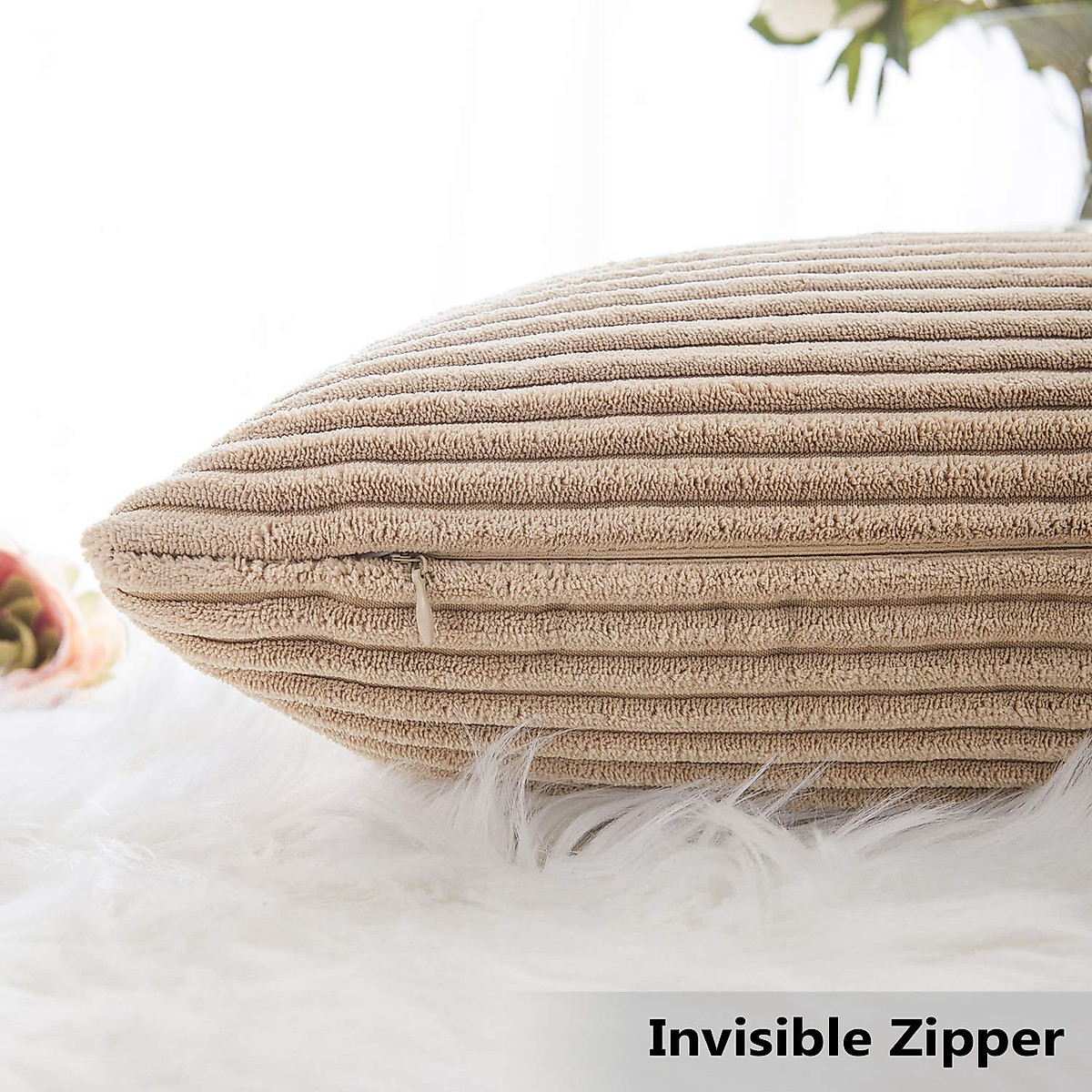 Home Brilliant Supersoft Decorative Pillow Covers Set of 2 Striped Velvet Corduroy Cushion Cover for Chair Couch Sofa, 50x50 cm, 20 x 20 Inch, Taupe