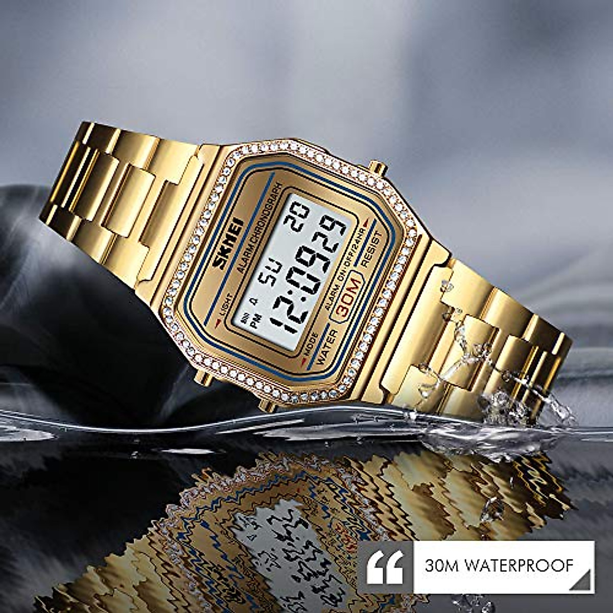 PASOY Men's Digital Gold Stainless Steel Watch Backlit Multifunction Stopwatch Waterproof Sport Watches (Gold with Crystal Bezel)