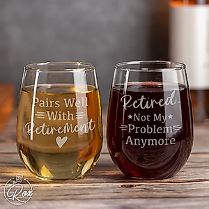 Retirement Gifts for Women - 17 Oz Retirement Stemless Wine Glass Set of 2 - Funny Retired Wine Glass Gifts - Christmas Gifts For Government Retirees - Cool Retirement Gifts for Retired Mom